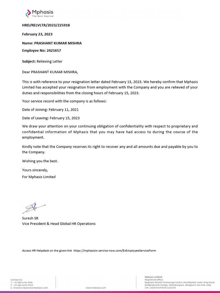 Mphasis Relieving Letter for Prashant Kumar | PDF