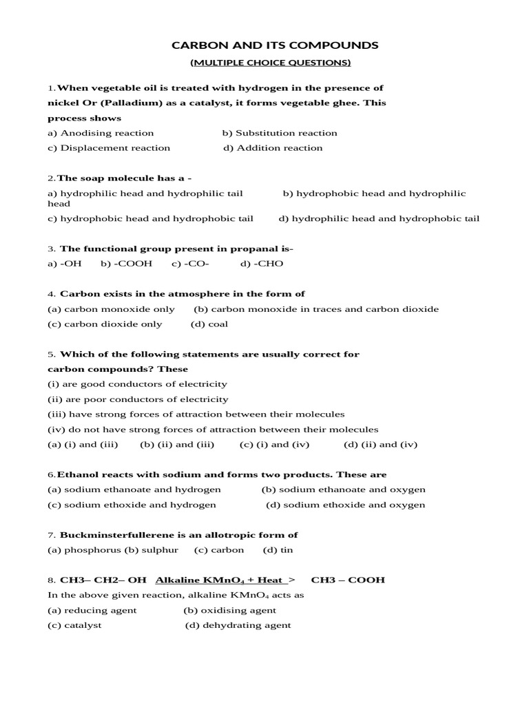 Carbon Compounds: MCQ Practice Questions | PDF | Alkane | Fat