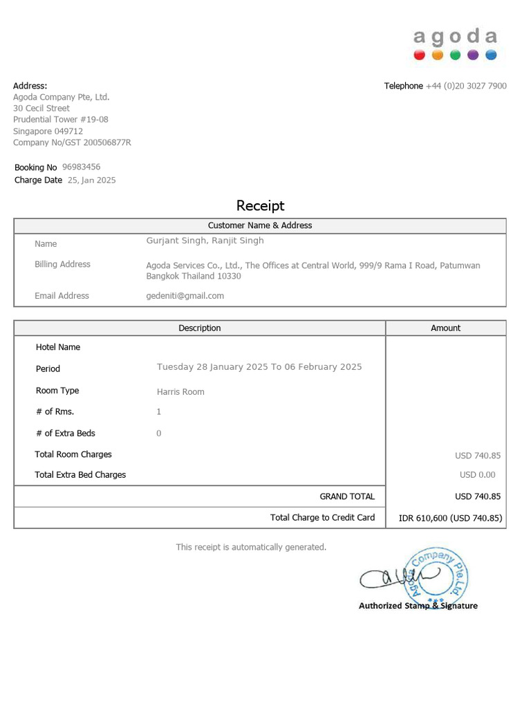 Agoda - Booking - ID - 111028964 - RECEIPT - Enclo Gurjant Singh | PDF