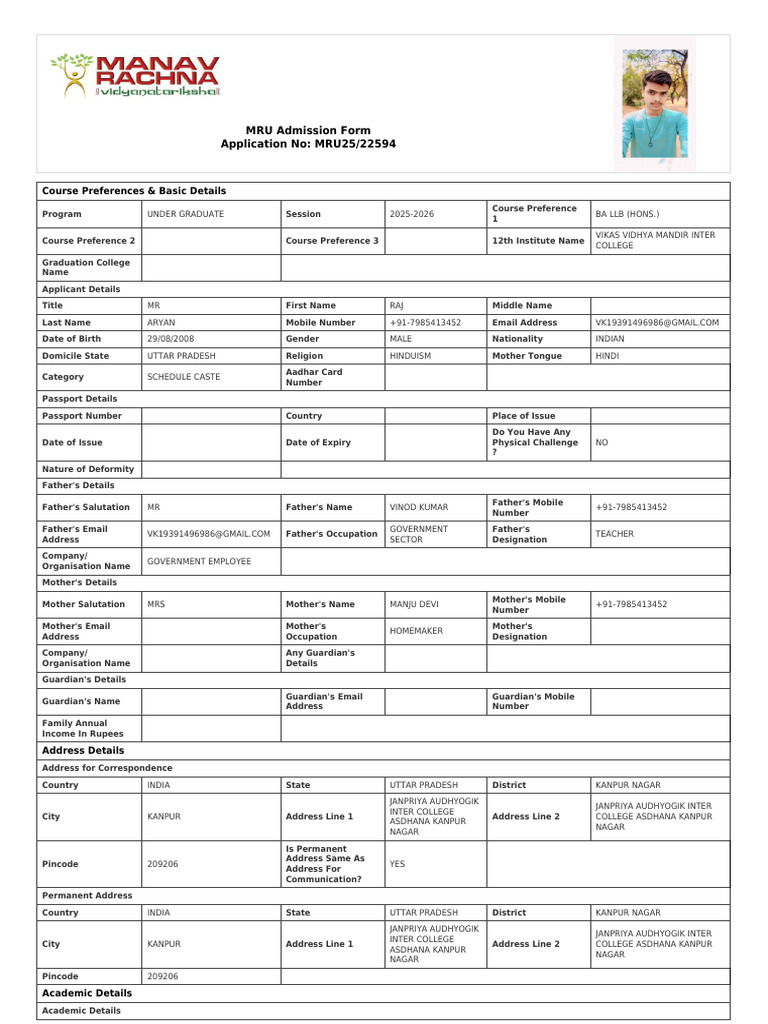 Application - Form - Raj Aryan | PDF