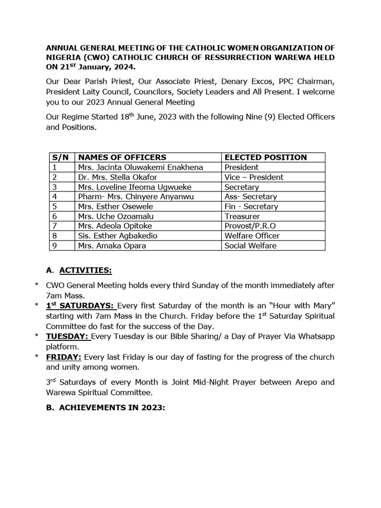 ANNUAL GENERAL MEETING OF THE CATHOLIC WOMEN ORGANIZATION 18-1-2024 ...