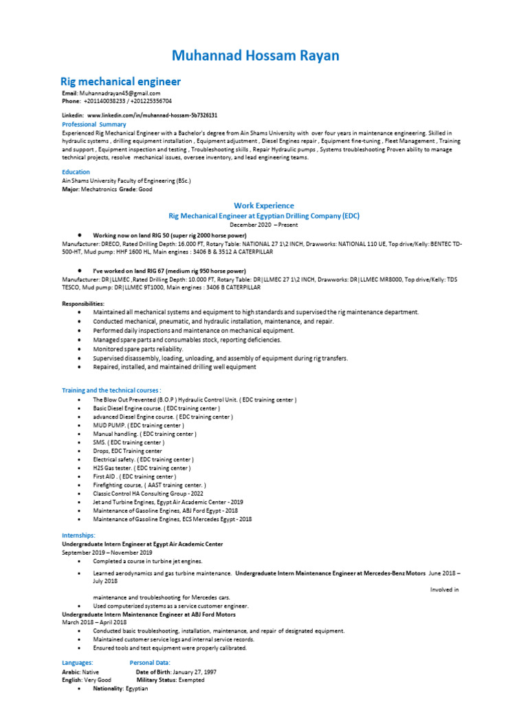 Updated Rig Mechanic Muhannad Hossam CV | PDF | Engines
