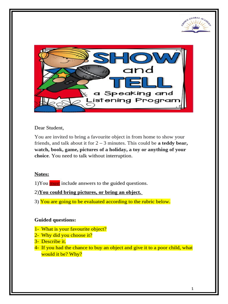 Show and Tell Rubric | PDF