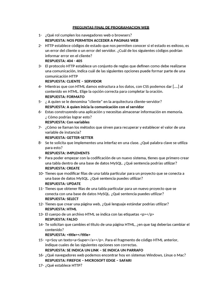 PREGUNTAS FINAL DE PROGRAMACION WEB | PDF | Servidor web | Internet y web