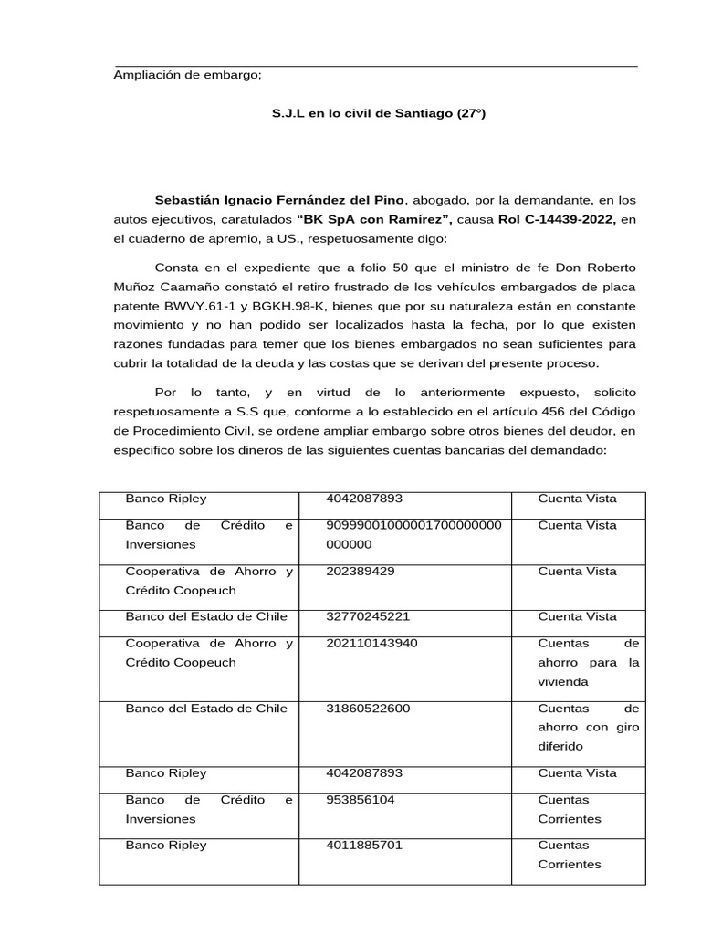 Ampliación de Embargo Cuentas Bancarias Oficial. | PDF | Bancos ...