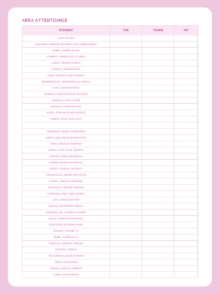 Attendance List For Teachers in Pink White Cute Style | PDF