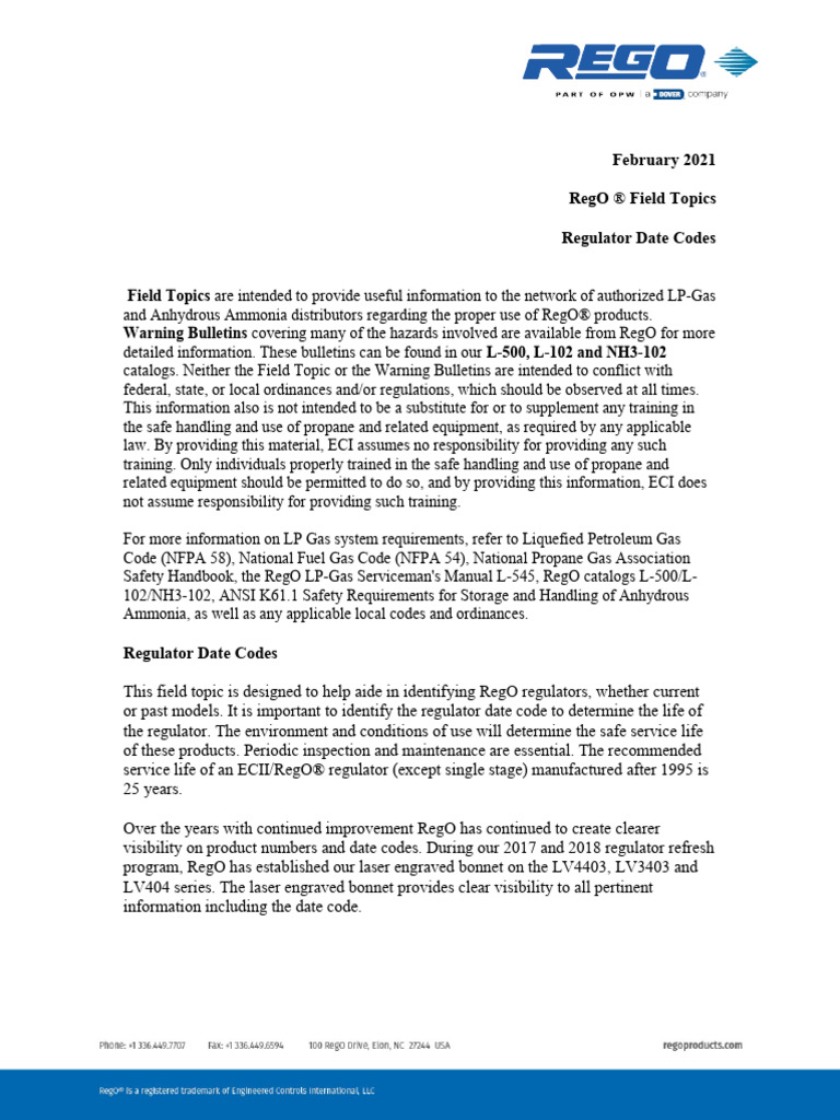 Field Topic 2021-02 Regulator Date Codes | PDF | Liquefied Petroleum ...
