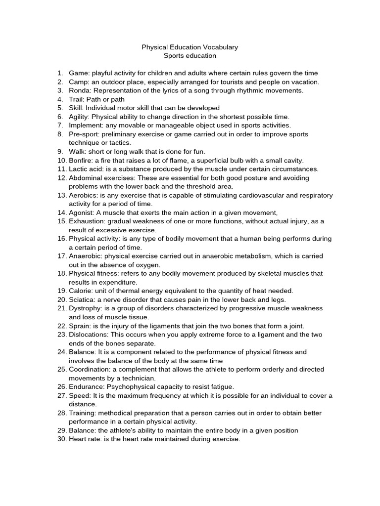 Physical Education Vocabulary | PDF | Physical Fitness | Diseases And ...