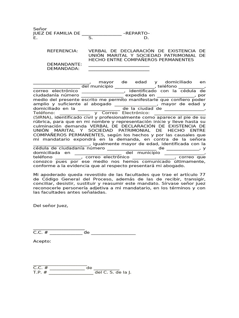 Modelo Poder Declaración Unión Marital de Hecho | PDF
