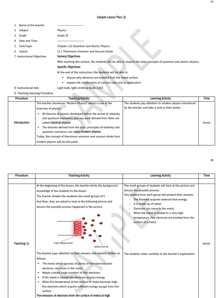Grade 10 Physics Lesson Plan: Thermionic Emission | PDF | Vacuum Tube ...