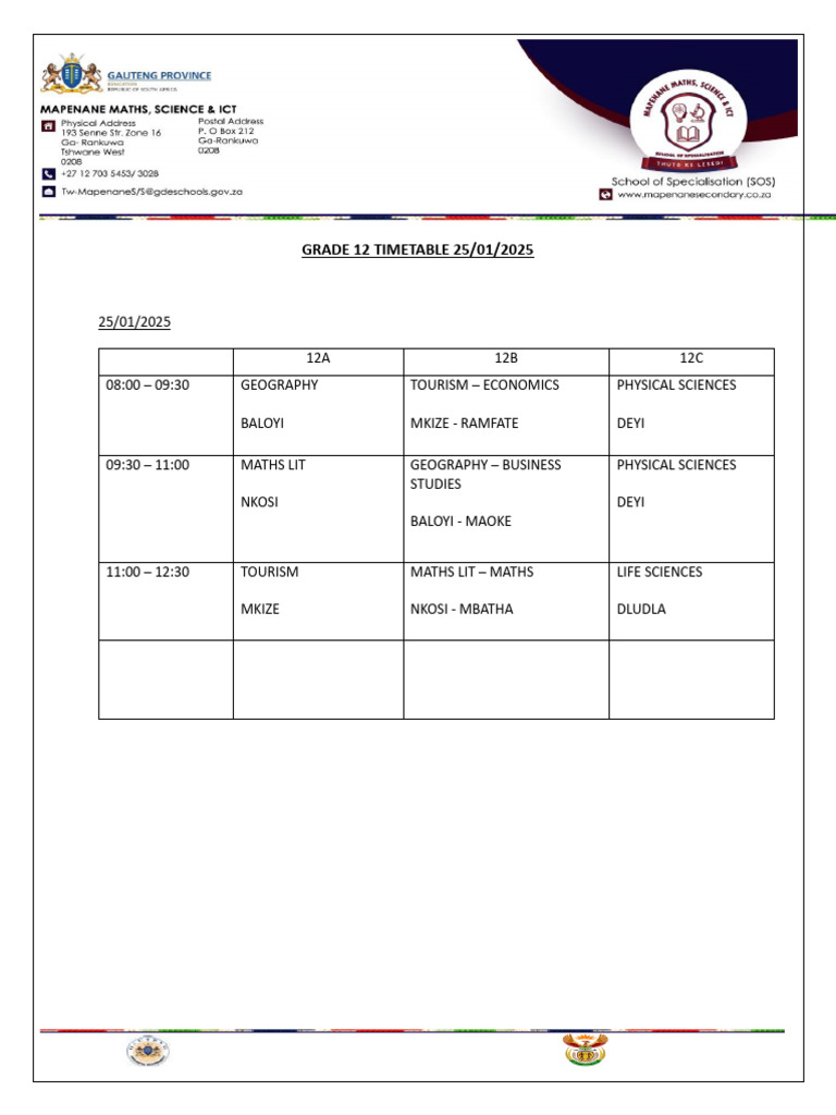 Week 3 Grade 12 Timetable | PDF