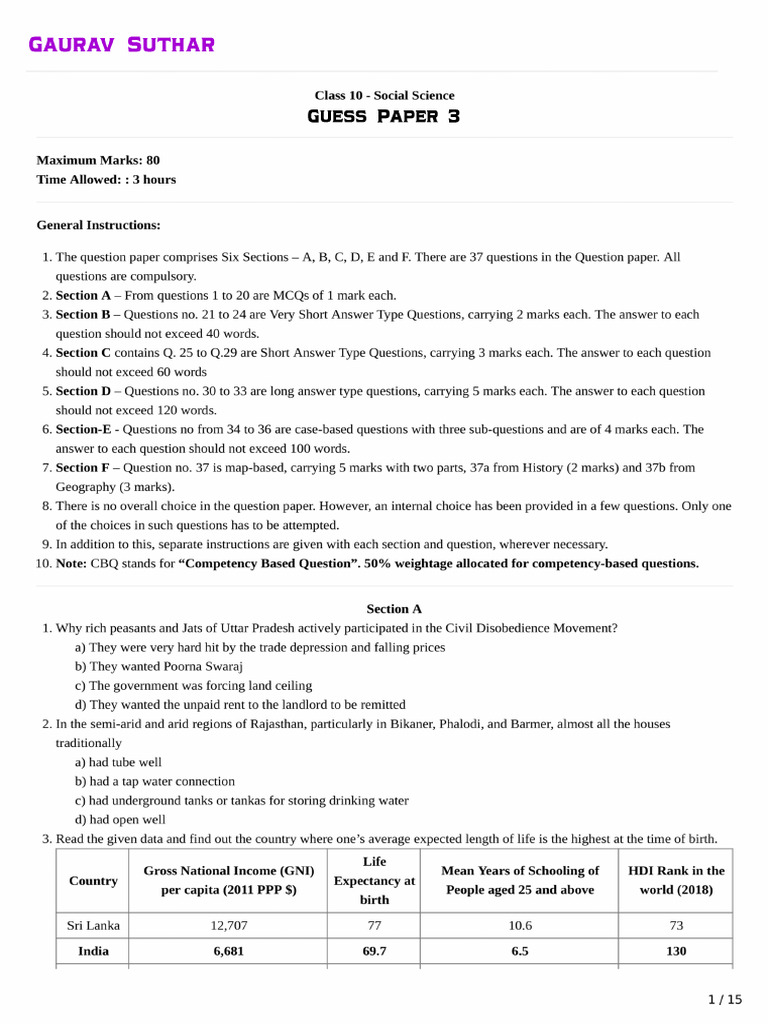 Gaurav Suthar SST Guess Paper 3 | PDF