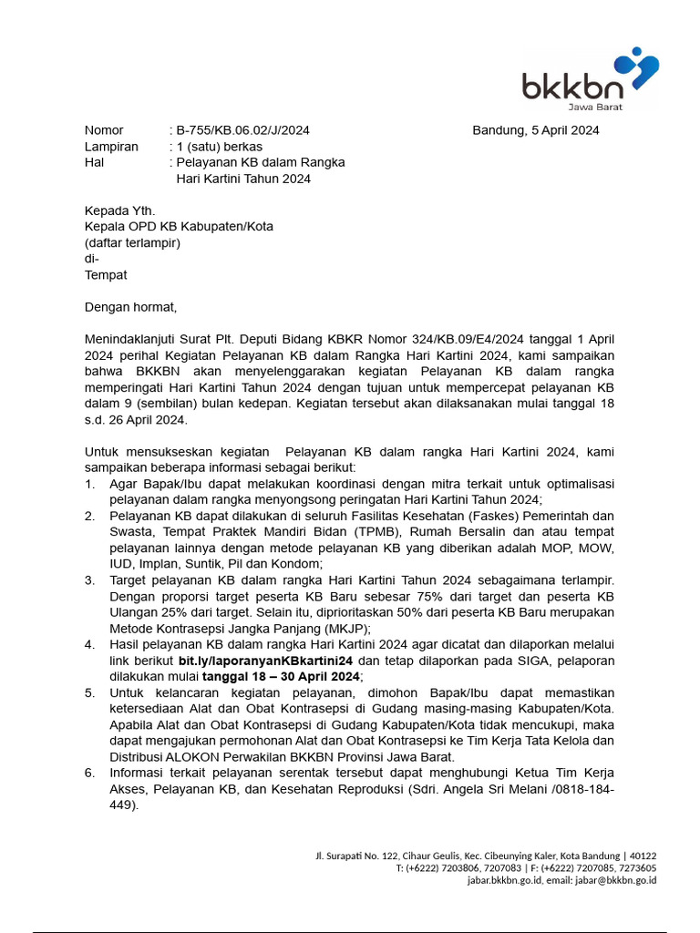 Surat Pelayanan KB Hari Kartini 2024 | PDF