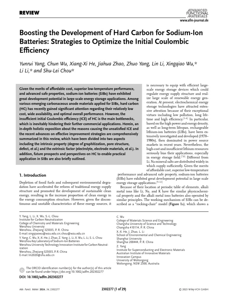 Adv Funct Materials - 2023 - Yang - Boosting The Development of Hard Carbon For Sodium Ion ...