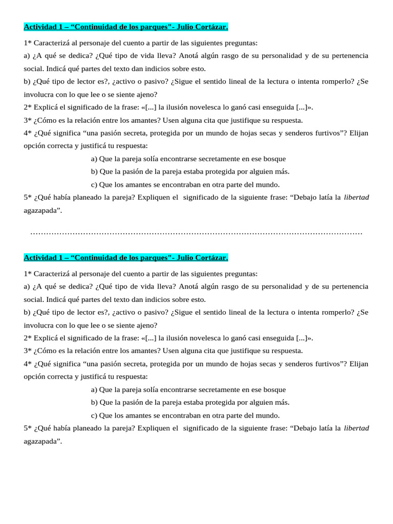 Actividad 1 Continuidad de Los Parques - Julio Cortázar. | PDF