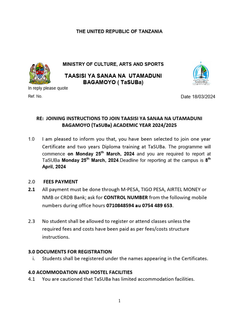 TaSUBa Joining Instructions 2024/25 | PDF