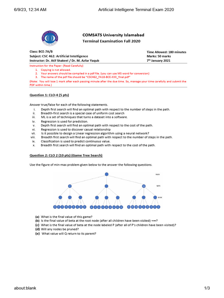 Artificial Intelligence Terminal Exam 2020 Comsats | PDF | Educational ...