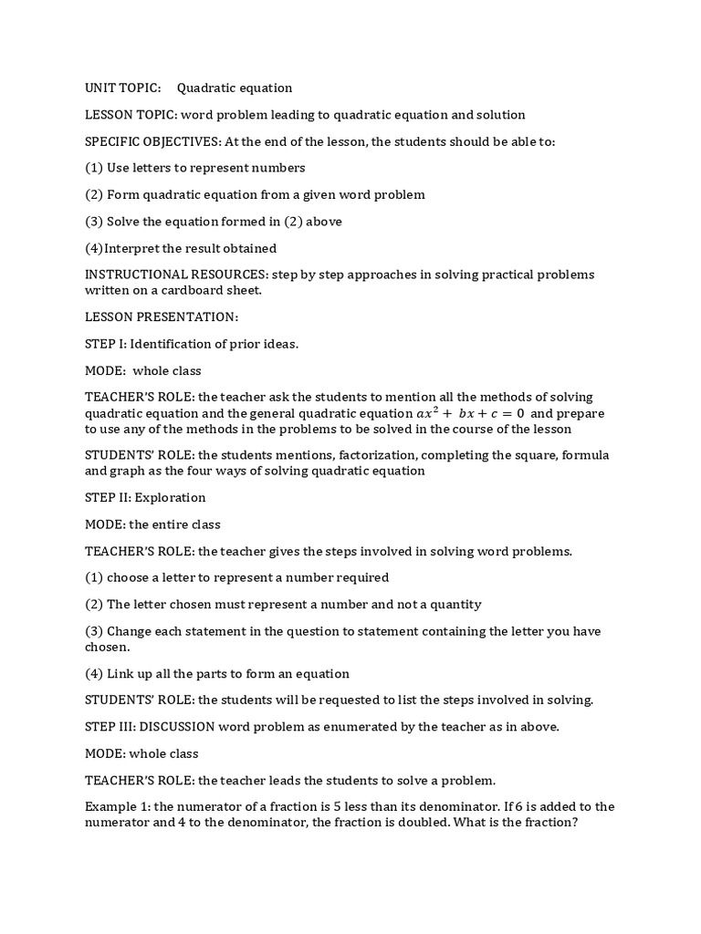 Word Problem Leading To Quadratic Equation and Solution | PDF ...