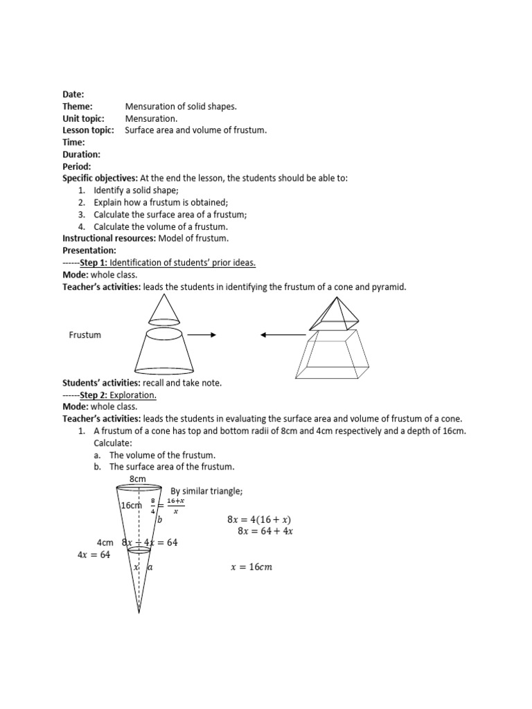Surface Area and Volume of Frustum | PDF | Volume | Area