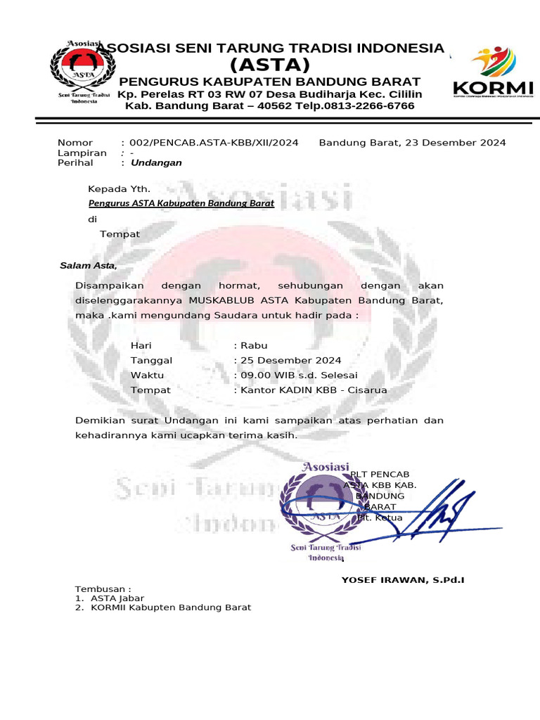 surat undangan rapat MUSKABLUB ASTA 2024 | PDF