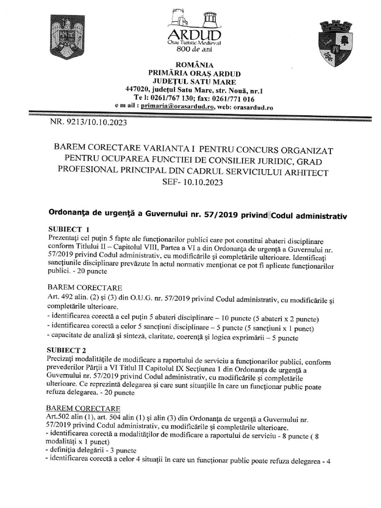 3 Barem corectare varianta I pentru concurs, consilier juridic din 10.10.2023 | PDF