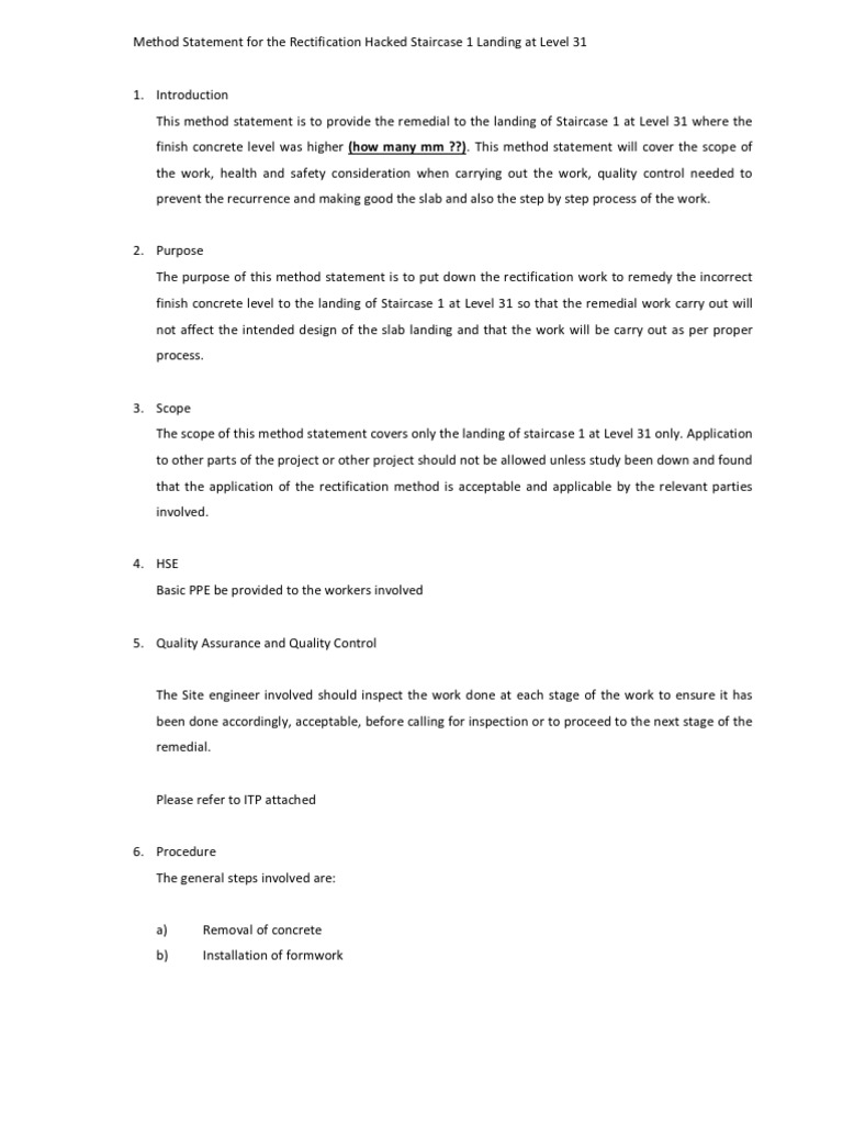 Method Statement For The Rectification Hacked Staircase 1 Landing at ...