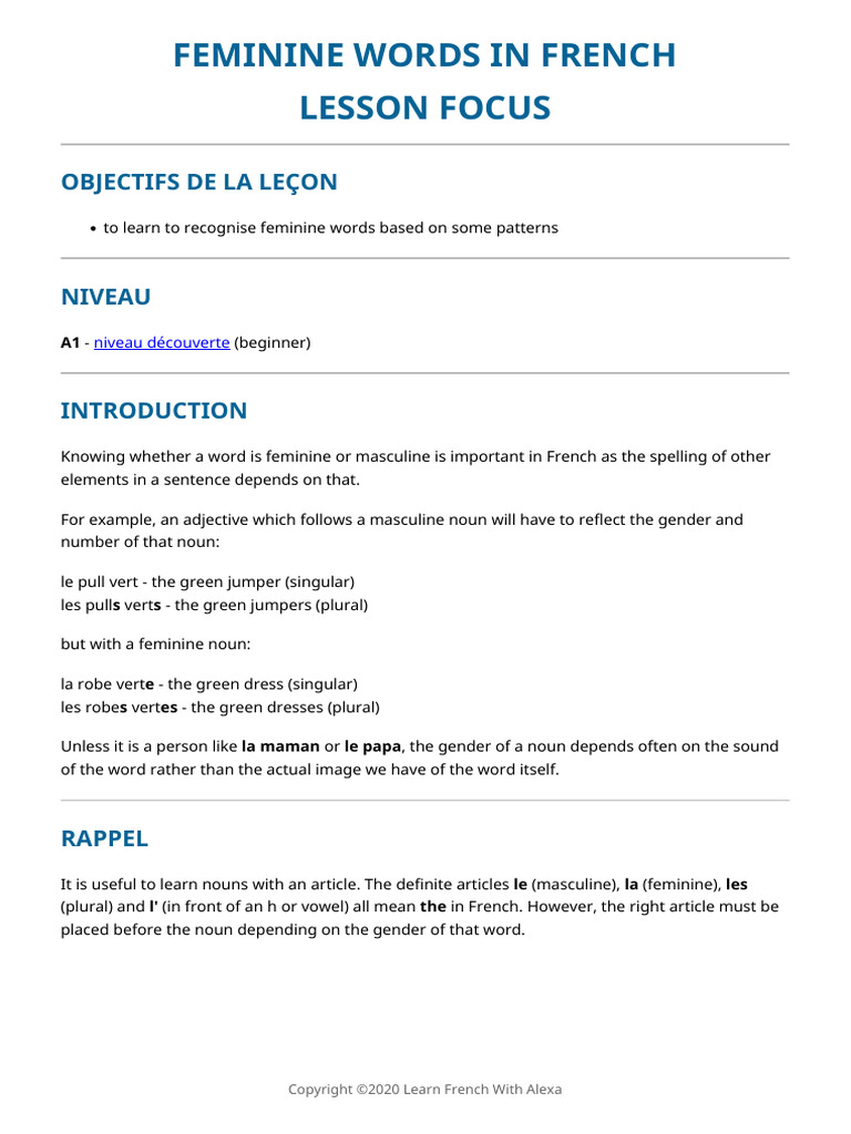 Feminine-Words-In-French 2024-12-12-682124 | PDF | Grammatical Gender ...