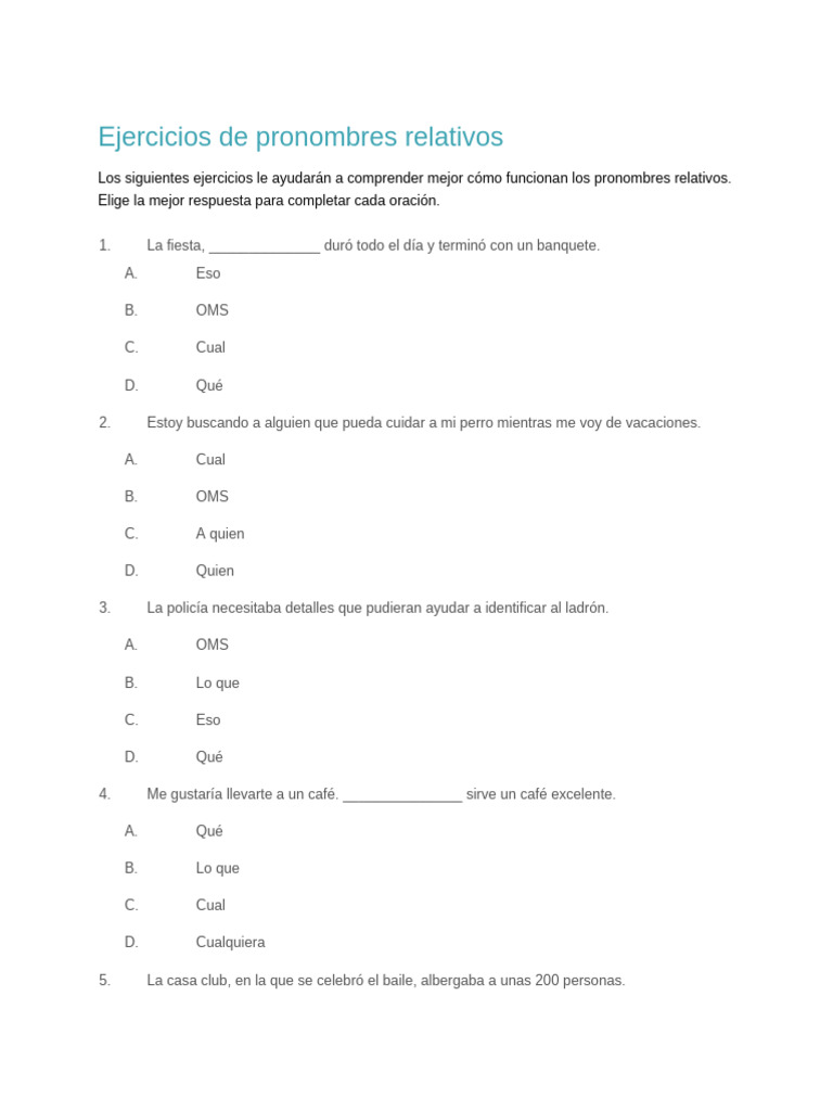 Ejercicios de Pronombres Relativos | PDF