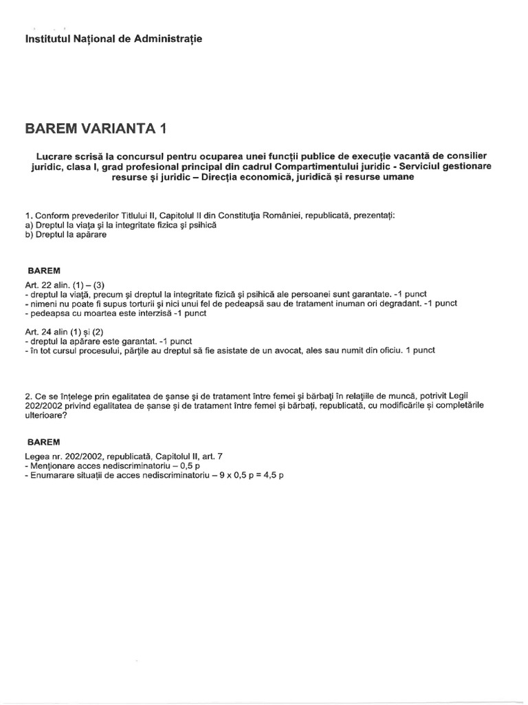 Barem Varianta 1 Subiecte Proba Scrisă Concurs 20.12.2024 Cons Jur CJ | PDF