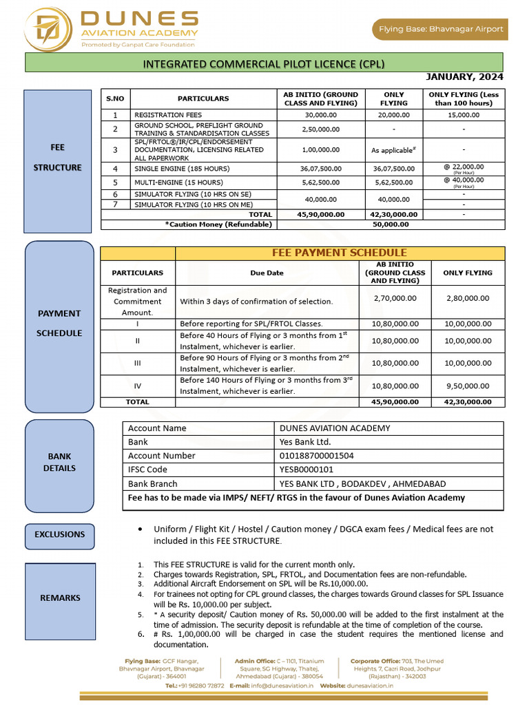 CPL General Fee Structure-1 | PDF | Aeronautics | Aviation