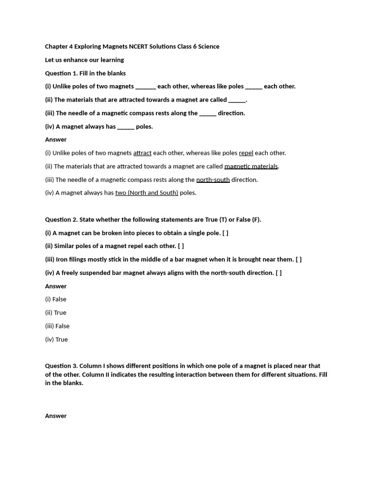 Class 6 NCERT Solutions: Exploring Magnets | PDF | Magnet | Magnetism
