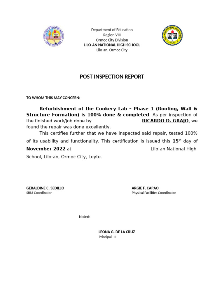 Lilo-an National High School Inspection Report | PDF