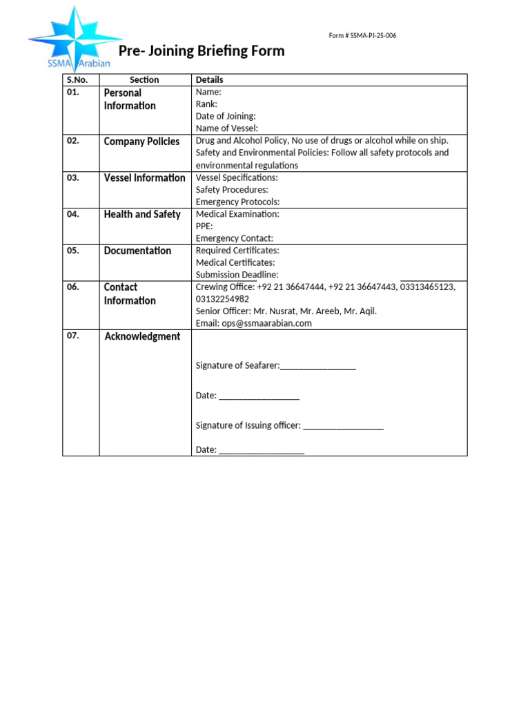 Pre-Joining Briefing Form Guide | PDF