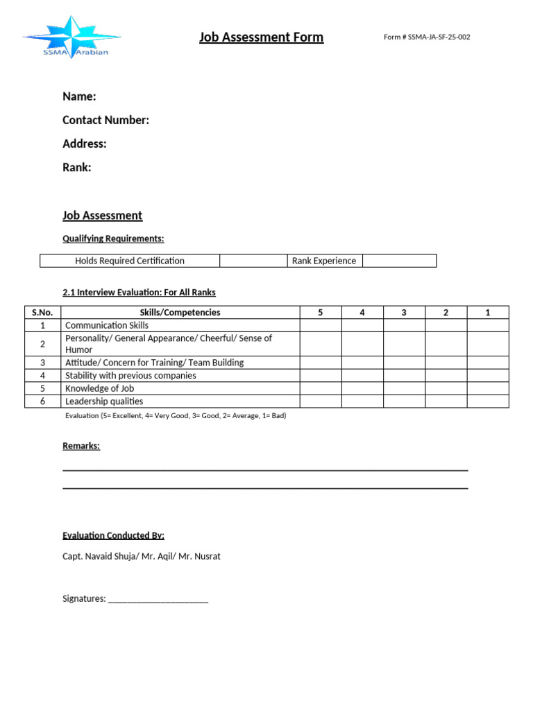 Job Assessment Form | PDF