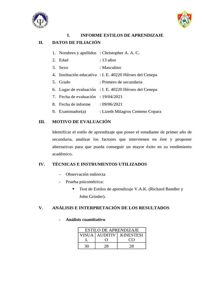 Informe de estilos de aprendizaje CHRISTOPHER A. A. C.. - VISUAL | PDF | Infografia | Aprendizaje