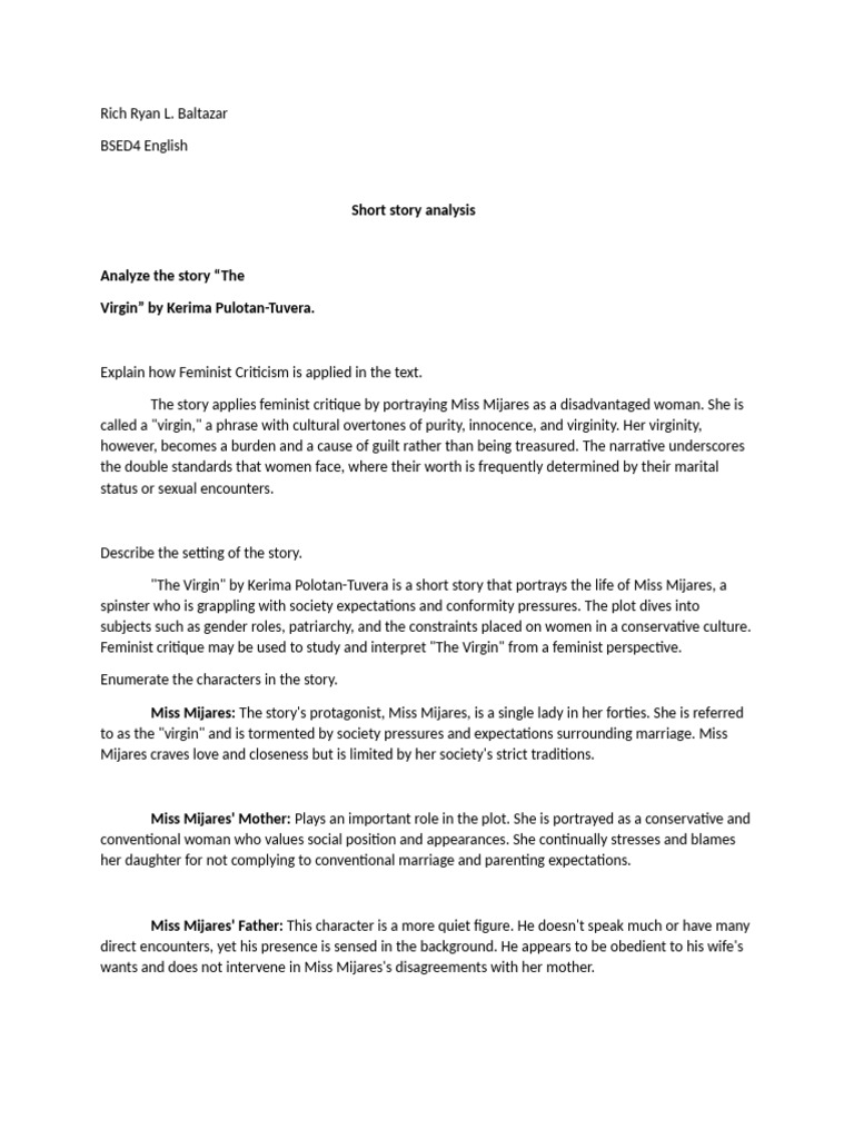 Written Output - A Short Story Analysis | PDF | Virginity | Feminism