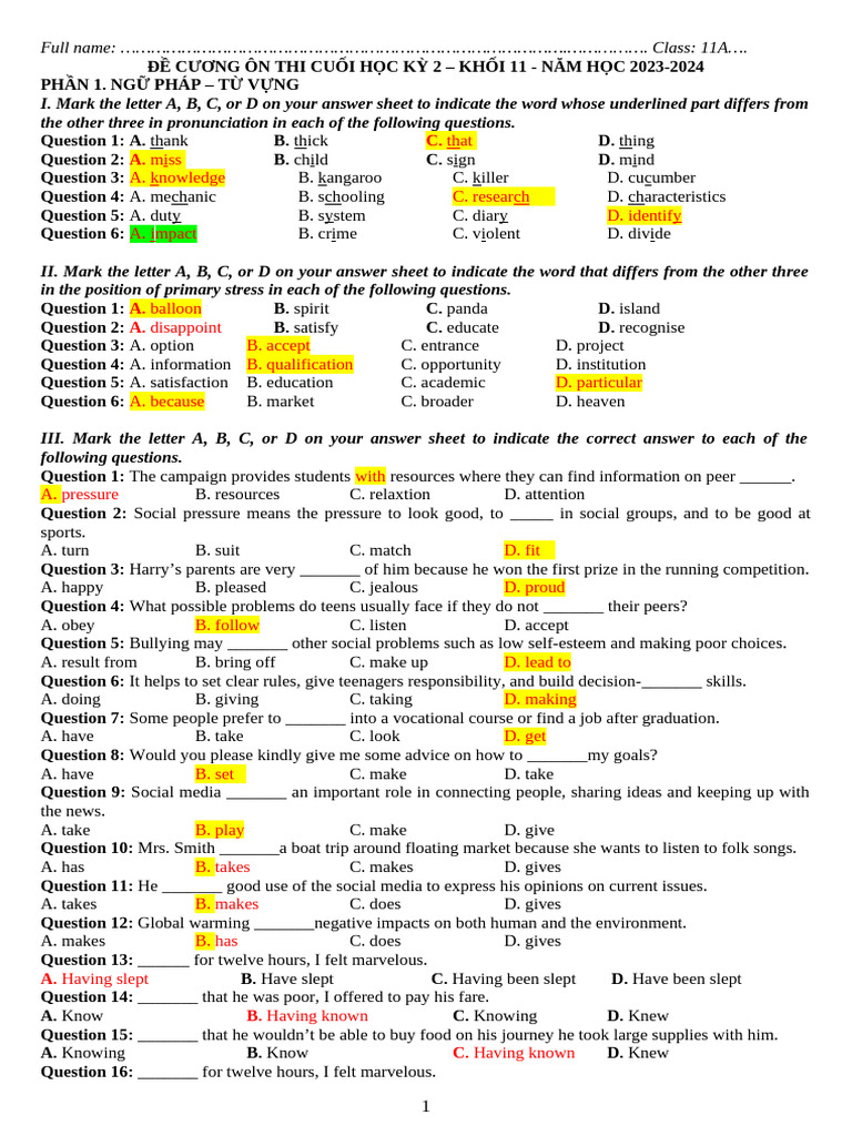 de Cuong ANH - Lop 11.CUOIK2. Da Sua | PDF | University | Adolescence