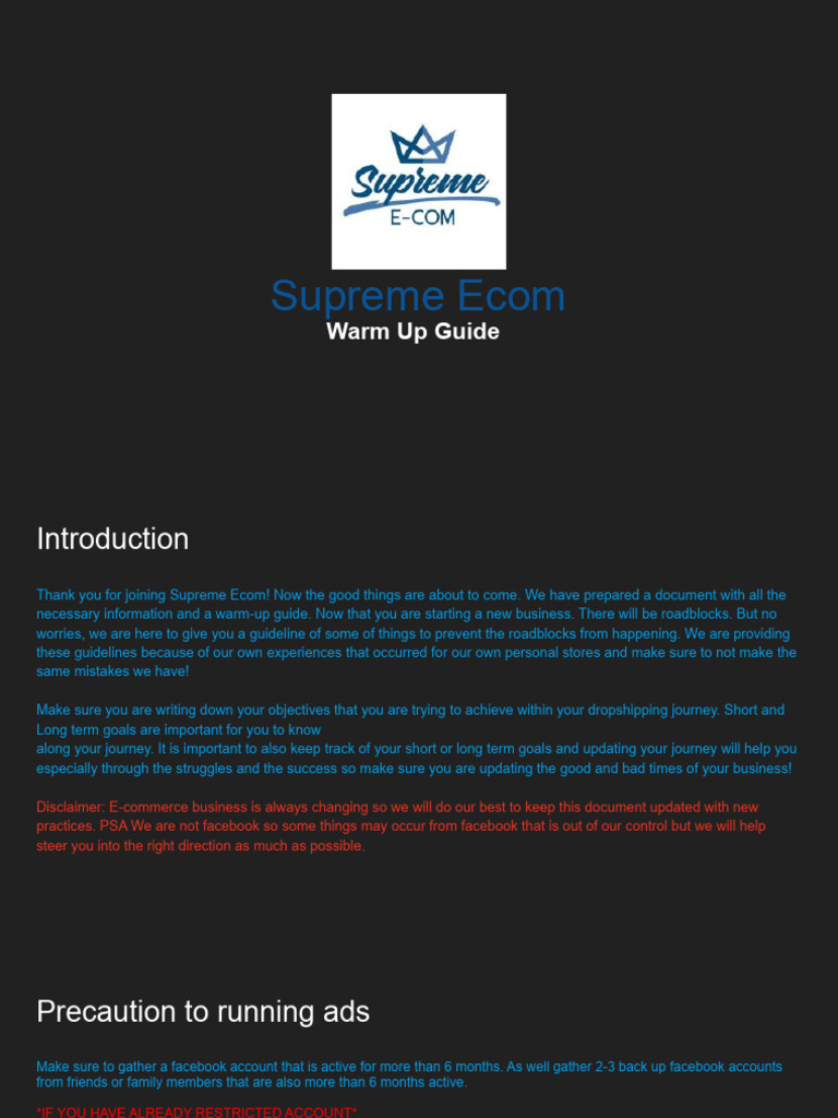 Supreme Ecom Warm Up Guide | PDF | Facebook | Online Services