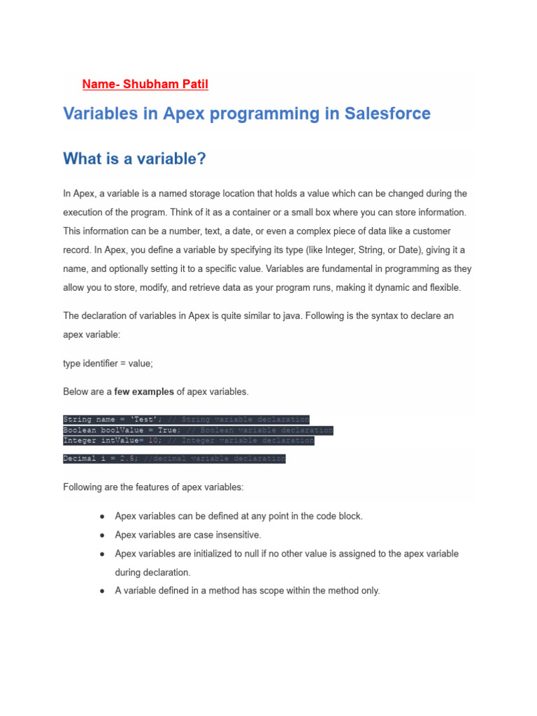 Apex Variables Declaration 1737142598 | PDF | Variable (Computer Science) | Data Type