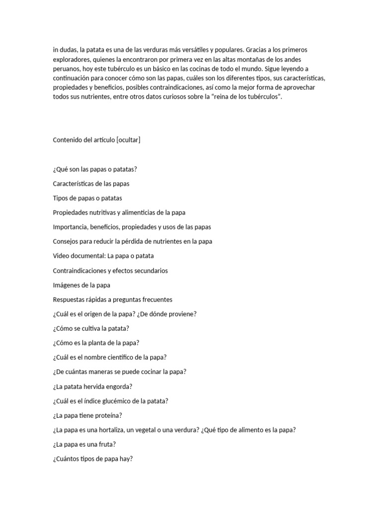 Todo sobre la papa: tipos y beneficios | PDF