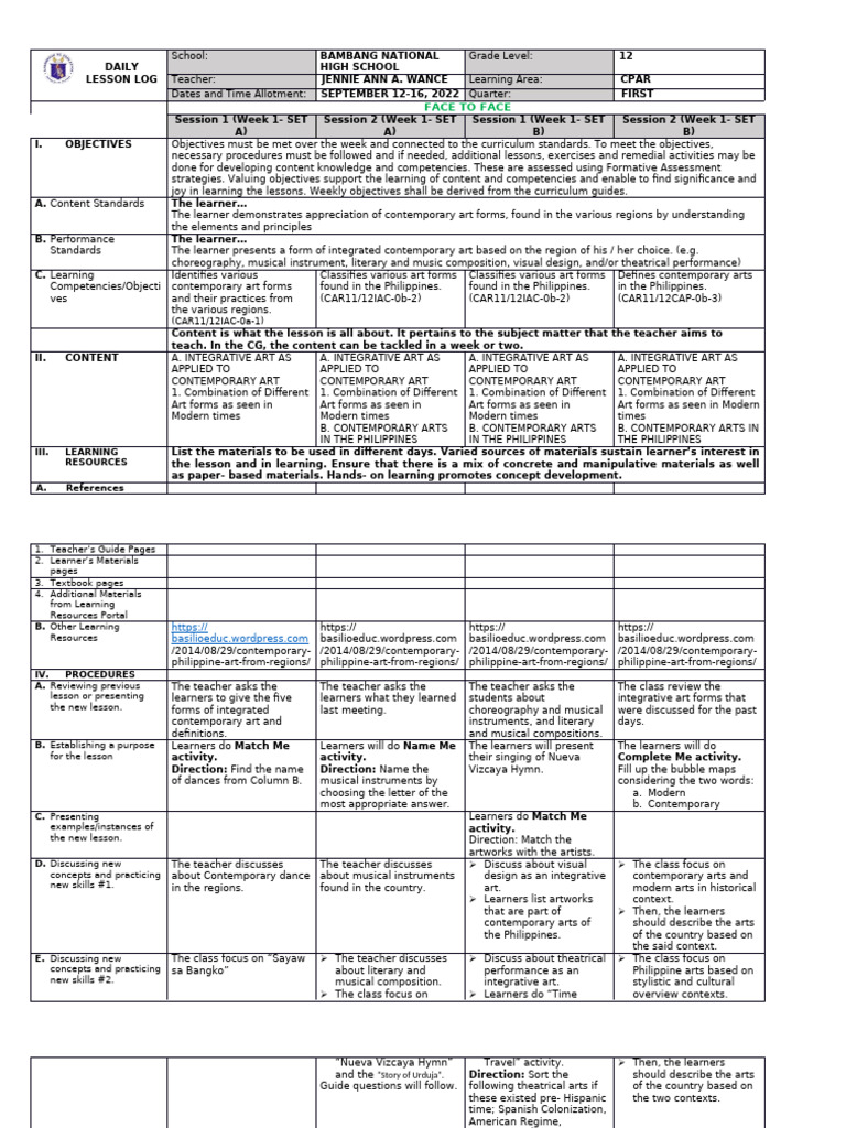 Cpar DLL Week 1 - Set A & B FTF | PDF | Physical Fitness | Learning