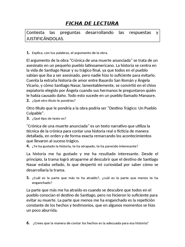 Ficha de Lectura - Crónica de Una Muerte Anunciada | PDF | Autor ...