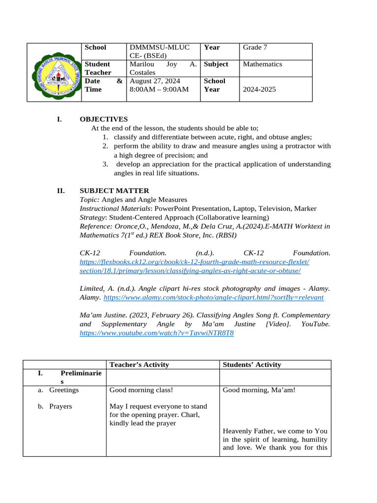 G7-Angles & angle Measures DLP(costales) | PDF | Angle | Elementary Geometry