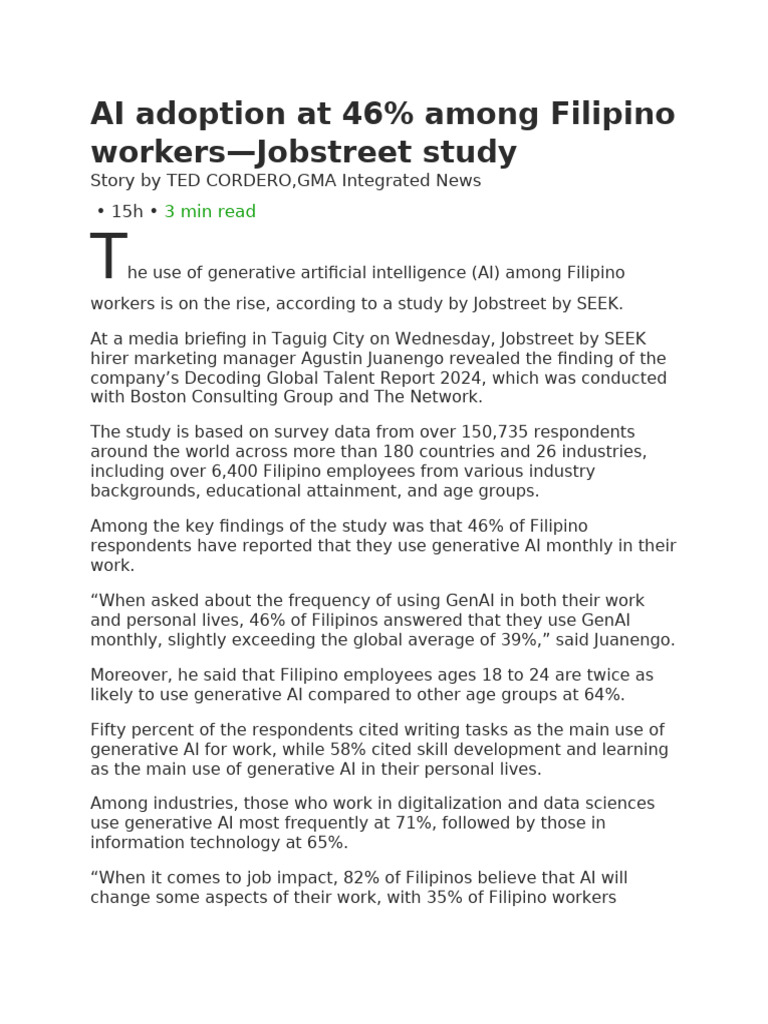 AI Adoption at 46% Among Filipino Workers-Jobstreet Study | PDF | Artificial Intelligence ...