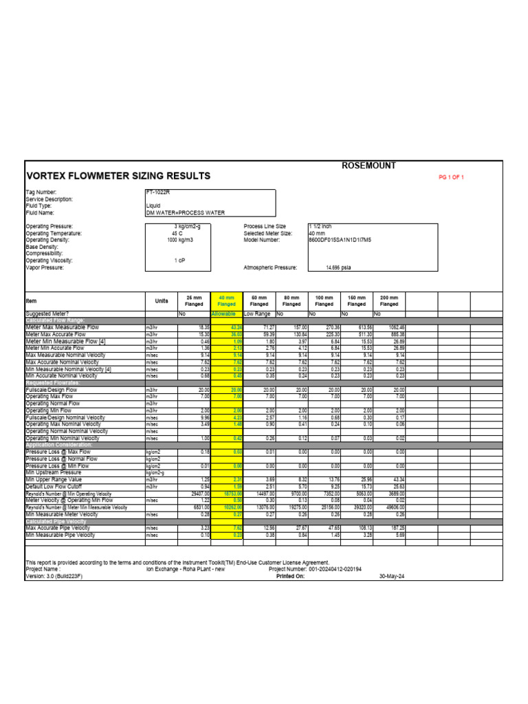 Vortex Flow Meter Sizing Results | PDF | Flow Measurement | Fluid Dynamics