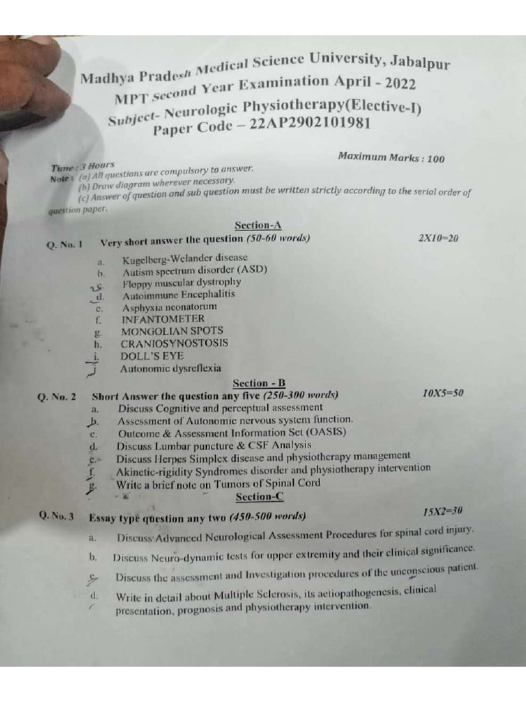 Elective I (Neurologic Physiotherapy) Exam Papers | PDF