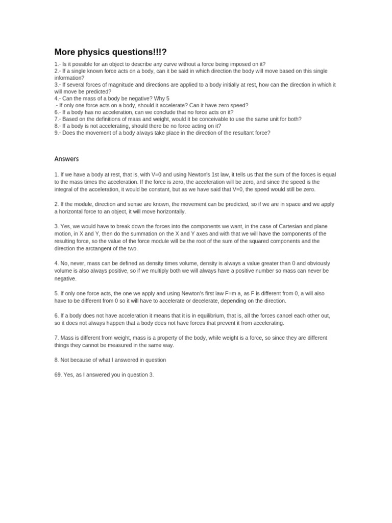 Basic Physics Questions Explained | PDF | Force | Acceleration