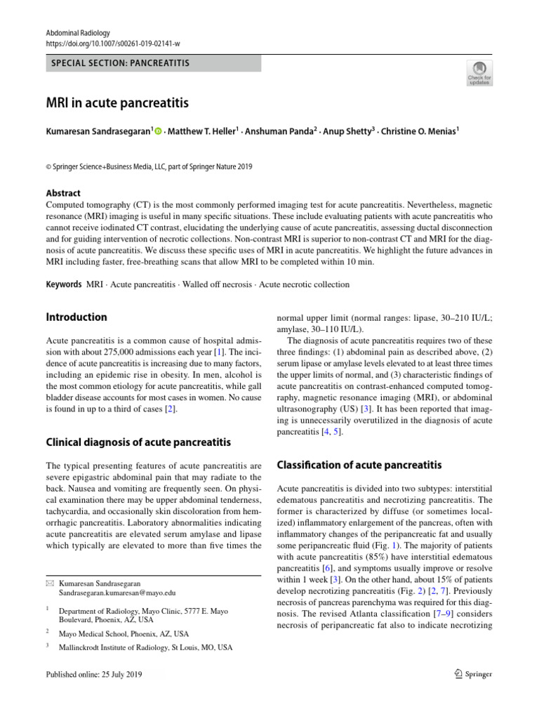 MRI in Acute Pancreatitis | PDF | Magnetic Resonance Imaging | Medical ...