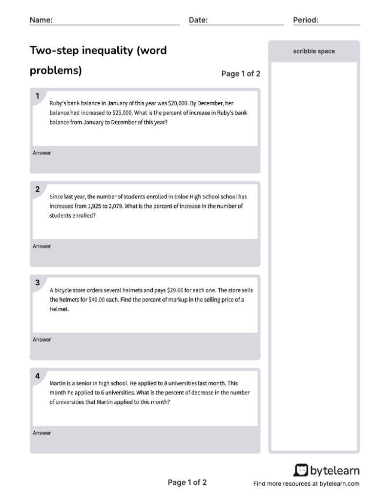 Two Step Inequality Word Problems Compressed | PDF