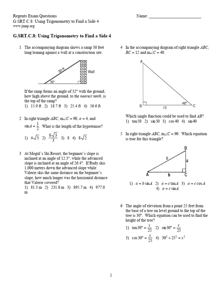 WorksheetsG SRT C 8 UsingTrigonometrytoFindaSide4 PDF | PDF | Triangle ...